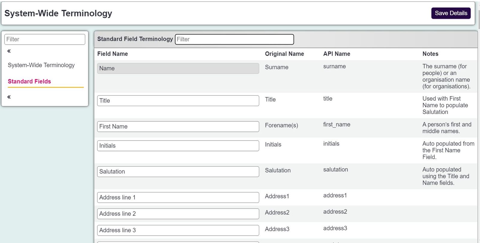 System Wide Terminology - Charitylog Manual