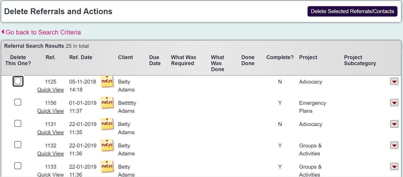 Delete Referrals and Actions - Charitylog Manual